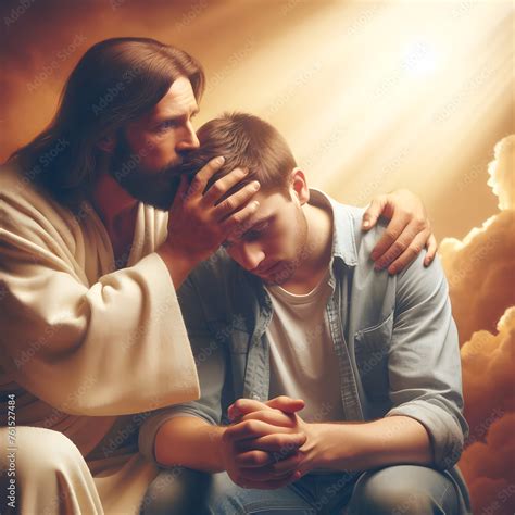 Jesus Christ Comforting Man With Love And Care Stock Illustration