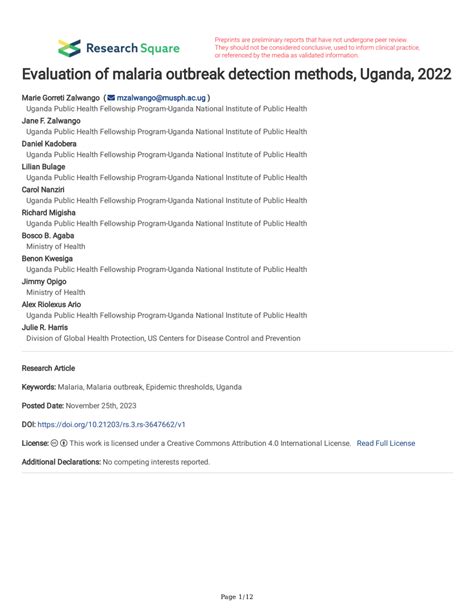 Pdf Evaluation Of Malaria Outbreak Detection Methods Uganda 2022