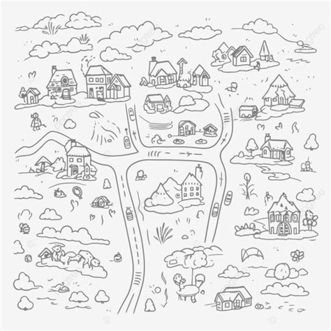 손으로 그린 도시지도 색칠 페이지 벡터 기본 간단한 귀여운 만화지도 개요 흰색 배경에 고립 어린이 색칠 페이지 Png 일러스트 및 벡터 에 대한 무료 다운로드