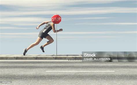 달리는 남자와 정지 기호 개념을 중지하지 마십시오 결코 꿈을 포기하고 앞으로 유지 이것은 3d 렌더 그림입니다 달리기에 대한 스톡 사진 및 기타 이미지 Istock