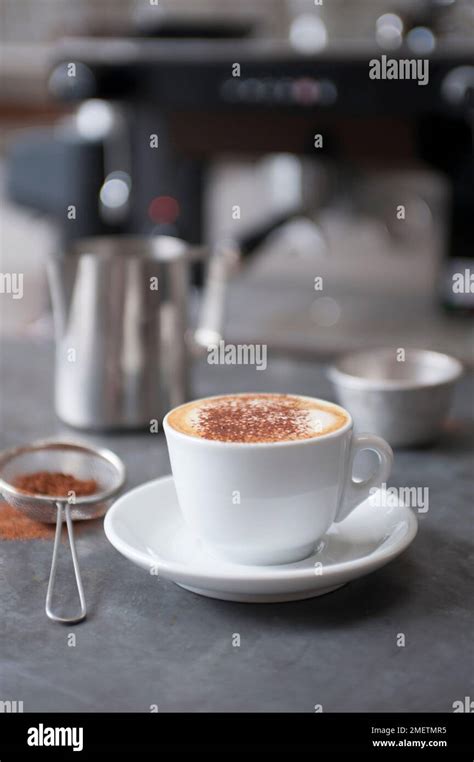 Cappuccino Using Mini Sieve To Sprinkle Chocolate Over Coffee Stock