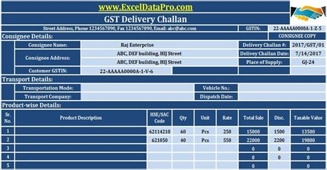 Download Gst Delivery Challan Format In Excel For Transportation Of