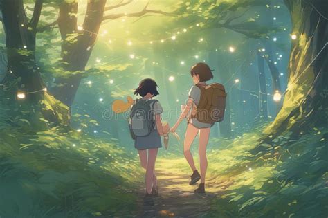 Girl In Love Walking In The Woods With A Backpack Stock Illustration
