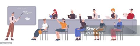 학생 강당 대학 수업 대학 지루한 강의실 또는 학교 시험 언어학 교사 프리젠 테이션 학습 최근 벡터 일러스트 레이 션에 대한 십대 참여 가정의 방에 대한 스톡 벡터 아트 및