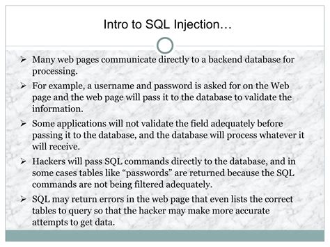 Sql Injection And Entity Frameworks Pptx Databases Computer