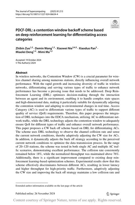 Pdf Pdcf Drl A Contention Window Backoff Scheme Based On Deep Reinforcement Learning For