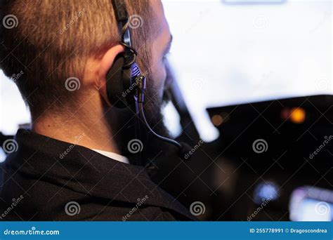 Professional Airliner Flying Airplane With Dashboard Buttons Stock