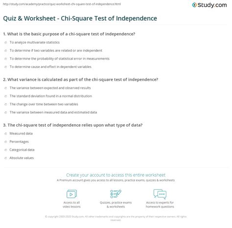 Quiz And Worksheet Chi Square Test Of Independence