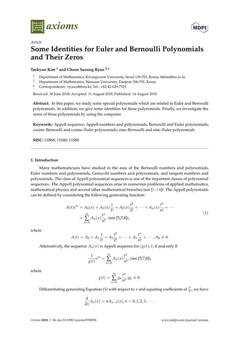 PDF Some Identities For Euler And Bernoulli Polynomials And Their Zeros