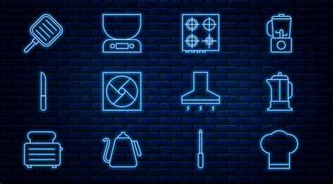 세트 라인 요리사 모자 프렌치 프레스 가스 렌지 환기 칼 프라이팬 주방 추출기 팬 및 전자 저울 아이콘 벡터 가열장치에 대한 스톡 벡터 아트 및 기타 이미지 Istock