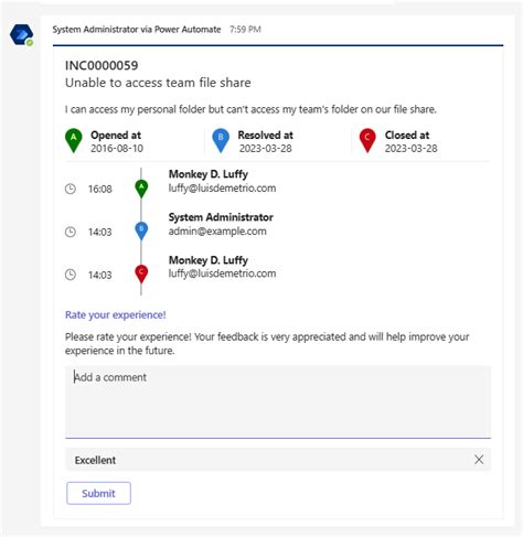 using adaptive cards to collect feedback on servicenow tickets in teams