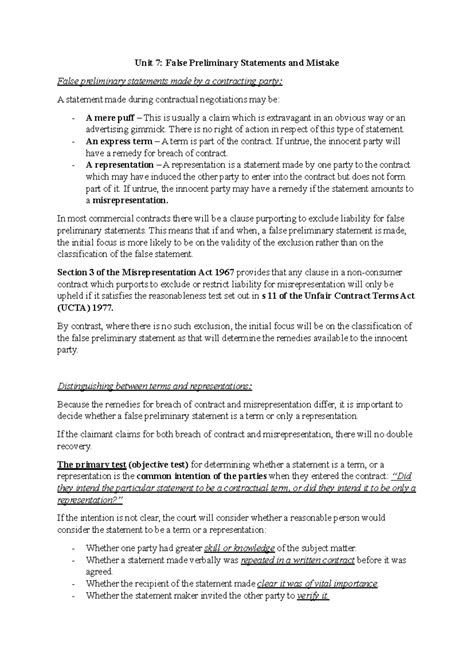 Unit 7 False Statements Unit 7 False Preliminary Statements And