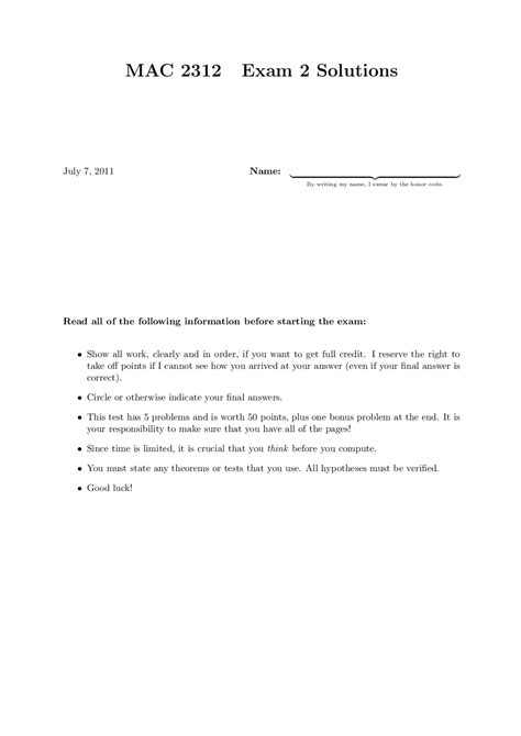 5 Solved Problems In Exam 2 On Analytical Geometry And Calculus Ii Mac 2312 Docsity