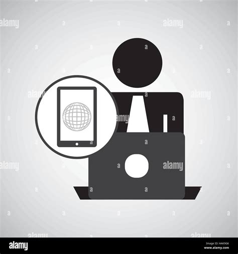 Silhouette Programmer Working Laptop Mobile Globe Vector Illustration