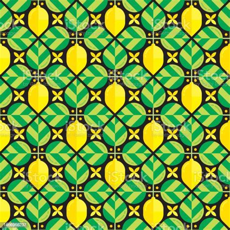 기하학은 검은 배경에 레몬 꽃 잎의 요소가 있는 매끄러운 패턴입니다 과일 음료 또는 농업에 대한 추상 그림 포스터 표지 포장