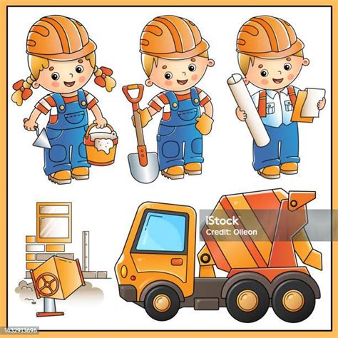 콘크리트 믹서와 건물 도구가있는 작업자의 만화 이미지 건설 차량 직업 아이들을위한 일러스트레이션의 다채로운 벡터 세트 아이에 대한 스톡 벡터 아트 및 기타 이미지 Istock