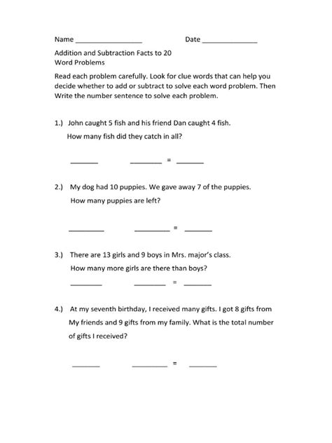 Addition And Subtraction Facts To 20 Word Problems Printed Pdf