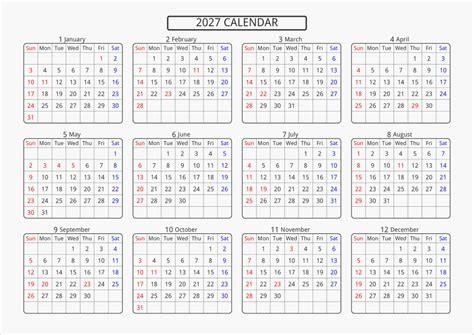 2027年 年間カレンダー 標準 角丸枠 横向き パソコンカレンダーサイト