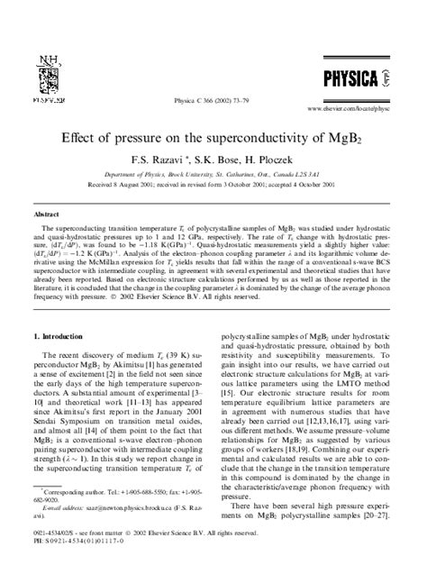 Pdf Effect Of Pressure On The Superconductivity Of Mgb2
