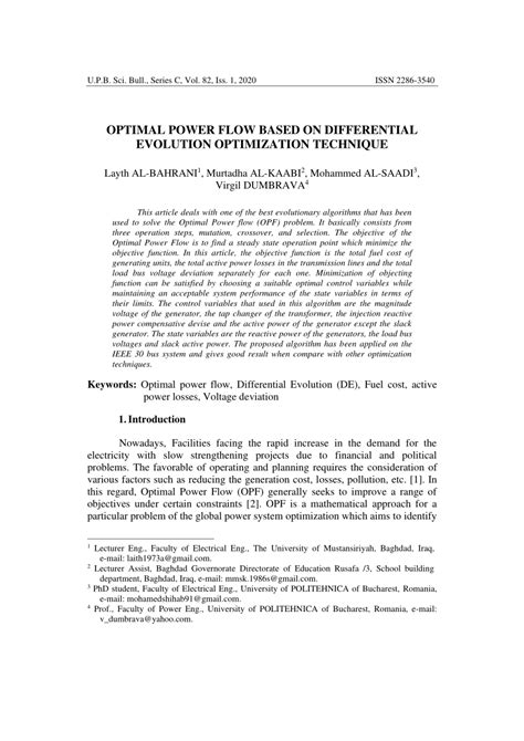 Pdf Optimal Power Flow Based On Differential Evolution Optimization Technique