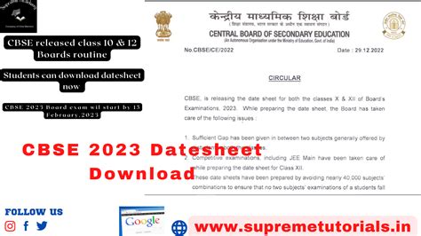 Cbse 2023 Class 10 And 12 Date Sheet Out Check Your Ezam Date Here Cbse 2023 Exams Supreme Tutorials