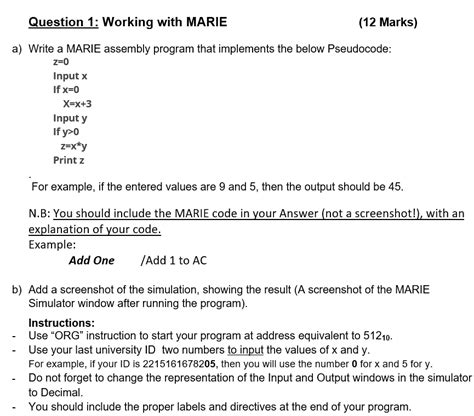 Solved Question 1 Working With Marie 12 Marks A Write A