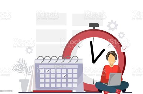 달력과 시계 기획 및 마감 개념 프리랜서 작업 개념 플랫 벡터 일러스트 레이션 근처의 랩톱으로 앉아 일하는 청년 달력에 대한 스톡 벡터 아트 및 기타 이미지 Istock