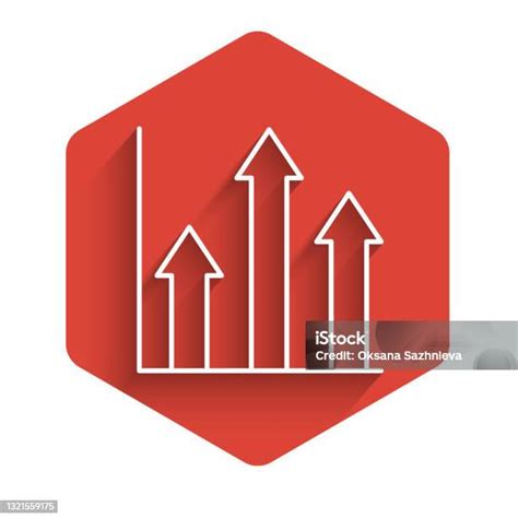 긴 그림자 배경으로 격리 된 화이트 라인 원형 차트 인포 그래픽 아이콘 다이어그램 차트 기호입니다 빨간 육각 버튼 벡터 0명에