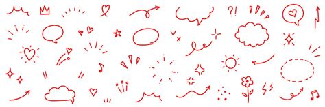 귀여운 빨간 선 아이콘 스케치 요소 손으로 그린 빨간 선 스케치 텍스트 장식 별 반짝임 화살표 하트 요소 세트 간단하게 그려진 태양 반짝임 꽃 강조 기호 배경 벡터