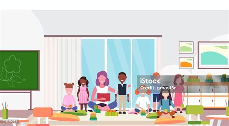 여성 교사 교육 믹스 레이스 소년과 소녀 유치원 현대 유치원 어린이 교실 칠판 책상의 자 운동장 아이 방 인테리어 전체 길이 평면 수평 가구에 대한 스톡 벡터 아트 및 기타