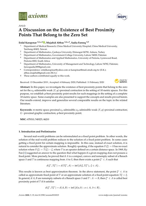 PDF A Discussion On The Existence Of Best Proximity Points That Belong To The Zero Set
