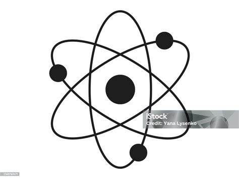 흰색 배경에 고립된 궤도를 도는 전자가 있는 원자의 검은색 실루엣 과학 물리학 원자 구조 미니멀리즘의 개념 아이콘 기호 디자인