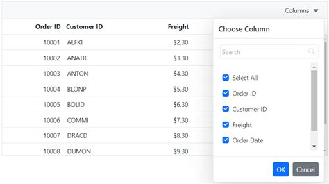 Column Chooser In Syncfusion Asp Net Mvc Grid Component