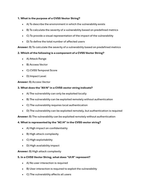 Practice Questions For Cvss Vector String Pdf Secure Communication Computer Network Security