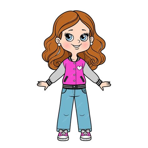Premium Vector Cute Cartoon Girl In Denim Leans College Jacket And