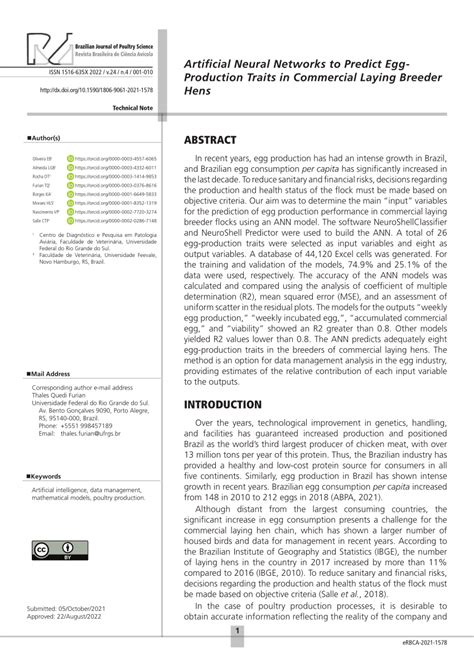 Pdf Artificial Neural Networks To Predict Egg Production Traits In Commercial Laying Breeder Hens