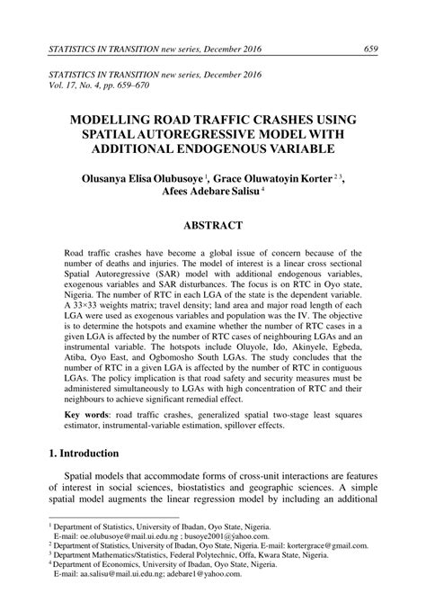 Pdf Modelling Road Traffic Crashes Using Spatial Autoregressive Model With Additional