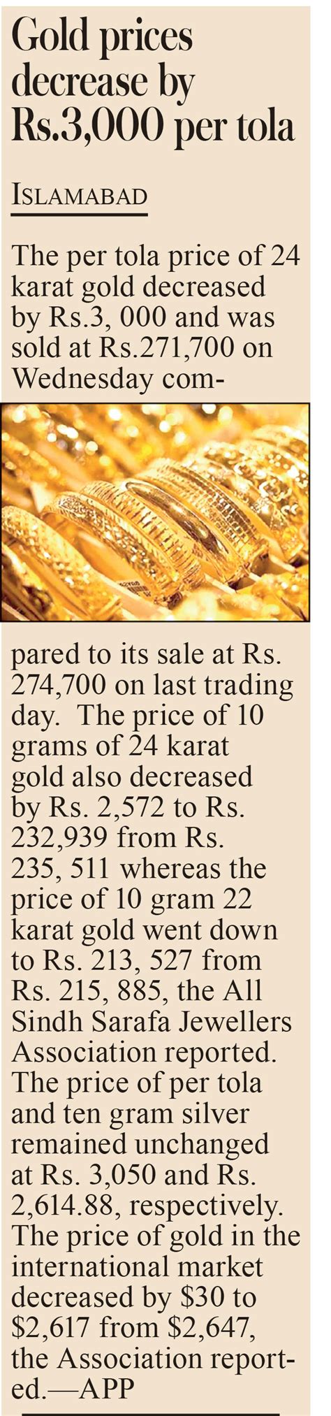 Epaper Pakistan Observer Gold Prices Decrease By Rs3000 Per Tola