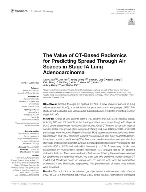 Pdf The Value Of Ct Based Radiomics For Predicting Spread Through Air Spaces In Stage Ia Lung