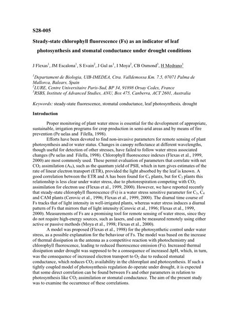 Pdf Steady State Chlorophyll Fluorescence Fs As An Indicator Of Leaf Photosynthesis And