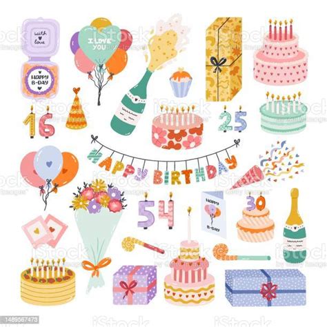 귀여운 손으로 그린 생일 세트입니다 트렌디한 휴일 요소 파티 장식 컵케이크 양초 선물 풍선 파티 모자 아이를 위한 생일 축하 클립아트 컬렉션 축하 기념일의 상징 갈란드