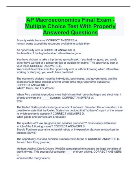 Ap Macroeconomics Final Exam Multiple Choice Test With Properly Answered Questions Ap Econ