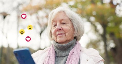 Social Media Emoji And Phone With Senior Woman In Nature For Algorithm