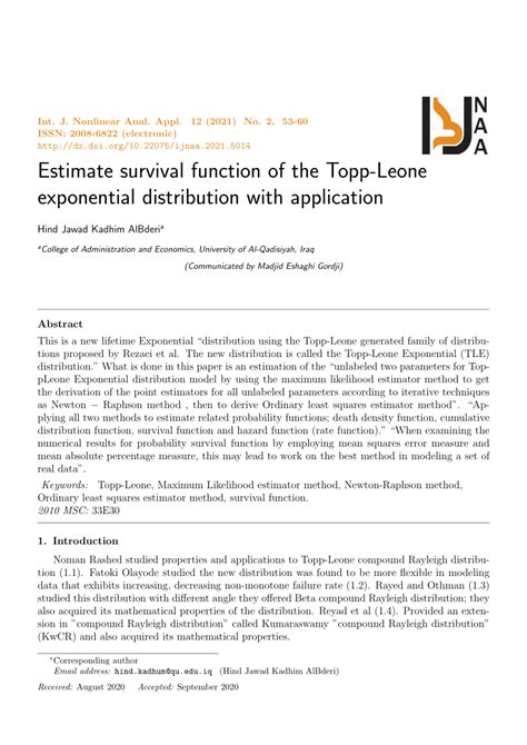 Pdf Estimate Survival Function Of The Topp Leone Exponential Distribution With Application