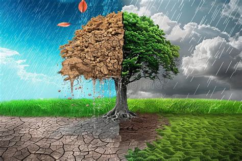 A Tree In The Center Of An Illustration Is Split Into Two Parts One Side Showing Green Grass
