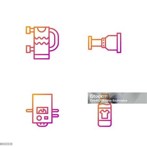 세정제 가스 보일러 가열 된 수건 레일 및 파이프 어댑터를위한 라인 병을 설정합니다 그라데이션 색상 아이콘입니다 벡터 가정 생활에 대한 스톡 벡터 아트 및 기타 이미지
