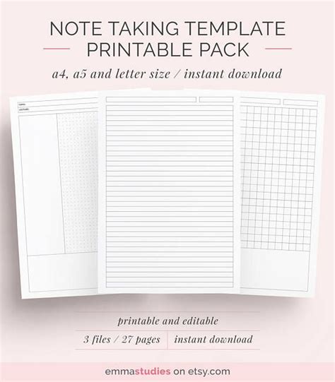 Babe Note Taking Template Printable Pack A4 A5 And Letter Cornell Lecture Dot Grid Lined