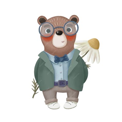 Милый мультяшный медведь в костюме и с цветком ромашки | Премиум векторы