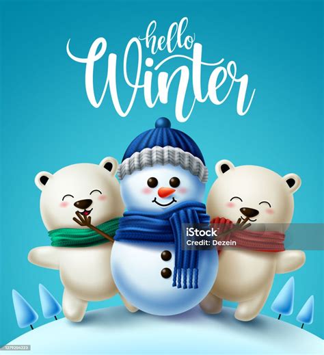 겨울 문자 벡터 배경 디자인 3d 눈사람 및 북극곰 캐릭터와 안녕하세요 겨울 인사말 텍스트 곰에 대한 스톡 벡터 아트 및 기타 이미지 Istock