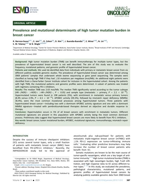 Pdf Prevalence And Mutational Determinants Of High Tumor Mutation Burden In Breast Cancer